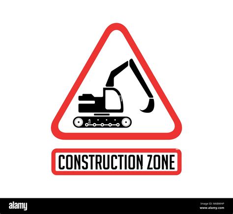 Construction Zone Warning Sign Working Excavator Concept Stock Vector