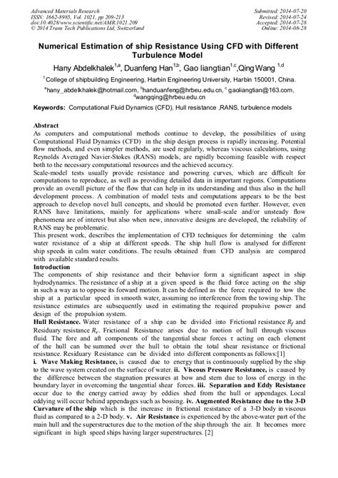 Numerical Estimation Of Ship Resistance Using CFD With Different Turblence Model Scientific Net