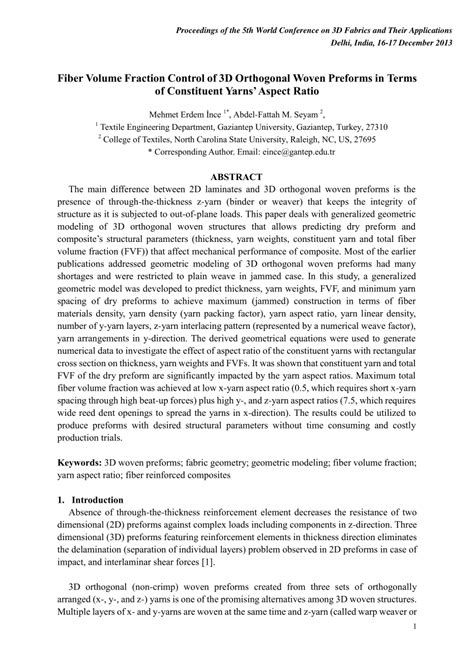 Pdf Fiber Volume Fraction Control Of 3d Orthogonal Woven Preforms In