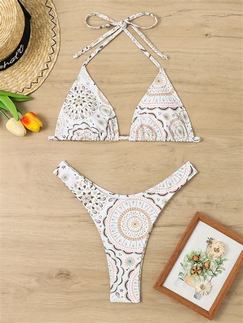 Allover Print Bikini Halter V Neck Tie Back Backless High Temu United