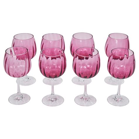 Vintage Handblown Cranberry Glass Wine Glasses With Clear Stems Set Of