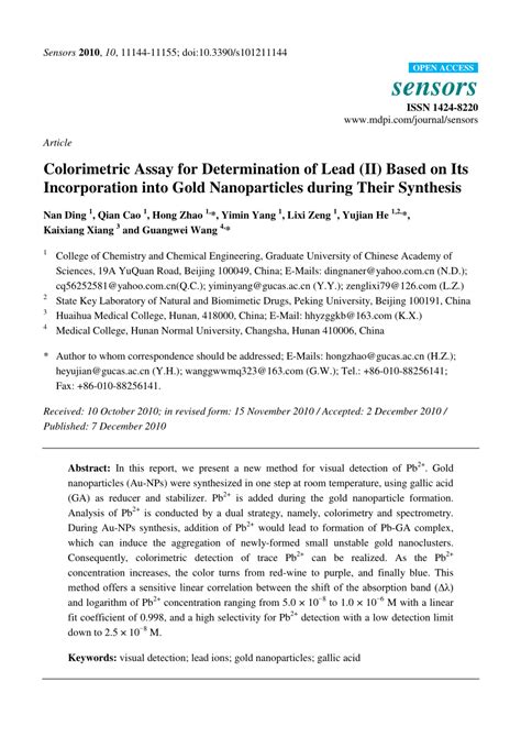 Pdf Colorimetric Assay For Determination Of Lead Ii Based On Its Incorporation Into Gold