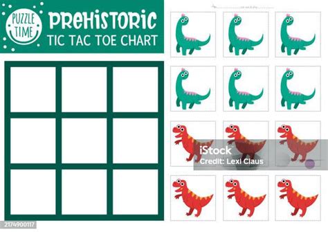 Brachiosaur와 Tyrannosaur와 벡터 공룡 Tic Tac Toe 차트 귀여운 캐릭터가 있는 선사 시대 보드 게임