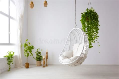Living Room With Hanging Chair And Potted Plants On The Wall