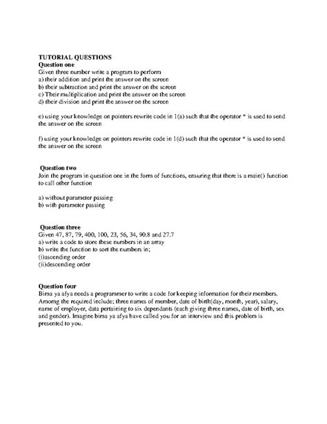 Cpp Tutorial Practical Questions Tutorial Questions Question One