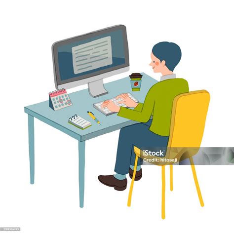 Man Working Sitting In Desk Computer Work Space Vector Illustration Stock Illustration