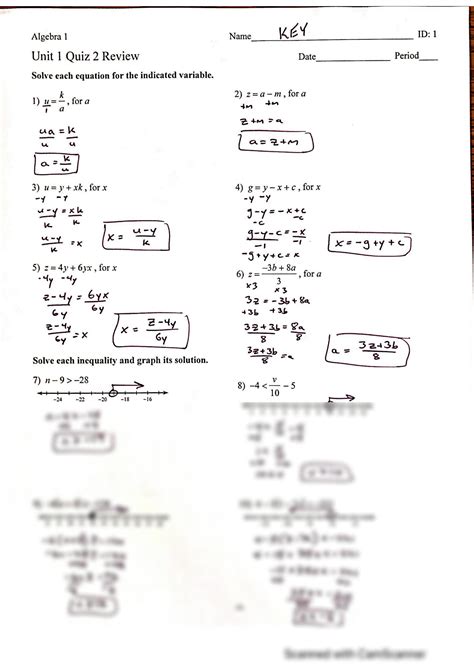 Solution Algebra 1 Unit 1 Quiz 2 Review Variables Equalities