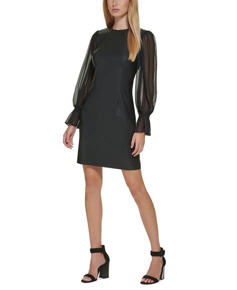 Calvin Klein Chiffon Sleeve Faux Leather Sheath Dress Macys