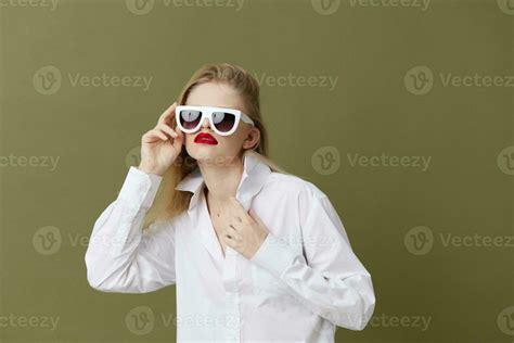 Blonde Woman In White Shirt Sunglasses Isolated Background 23239518