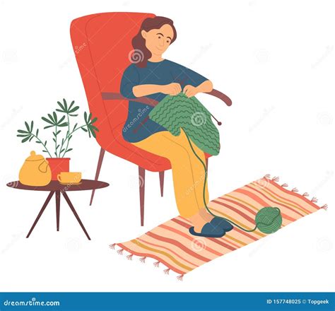 Woman Knitting At Home Hobby Of Female Vector Stock Vector