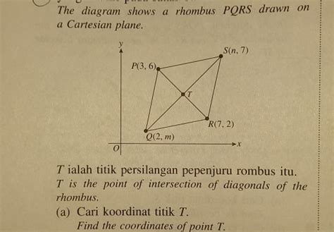 Solved The Diagram Shows A Rhombus Pqrs Drawn On A Cartesian Plane T Ialah Titik Persilangan