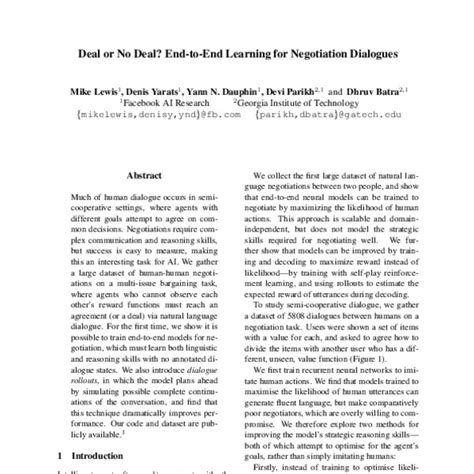 Deal Or No Deal End To End Learning Of Negotiation Dialogues Acl