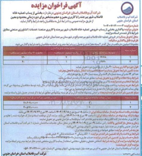 مزایده واگذاری بخشی از پساب خروجی تصفیه خانه فاضلاب شهر آگهی شماره 8376625