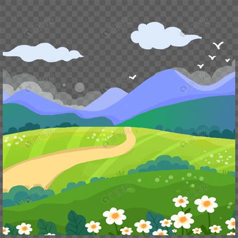 乡间小路草地和群山春季花卉风景元素素材下载 正版素材402039702 摄图网