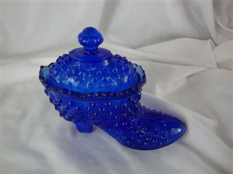 Vintage Cobalt Blue Hobnail Glass Victorian Shoe Slipper With Lid Candy