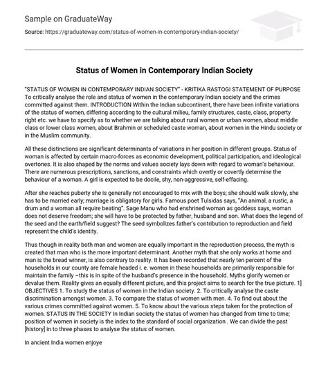 ⇉status Of Women In Contemporary Indian Society Essay Example Graduateway
