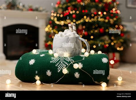 Christmas Cocoa With Marshmallows And Wafer Sticks In Cup On Wooden