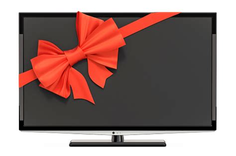 리본과 활 선물 컨셉이 있는 현대적인 Tv 세트 흰색 배경에서 격리된 3d 렌더링 나비매듭에 대한 스톡 사진 및 기타 이미지