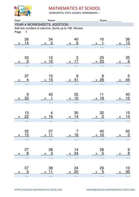 Year 4 Maths Worksheets Addition Adding Two Numbers In Columns Sums Up To 100 Review Workshe