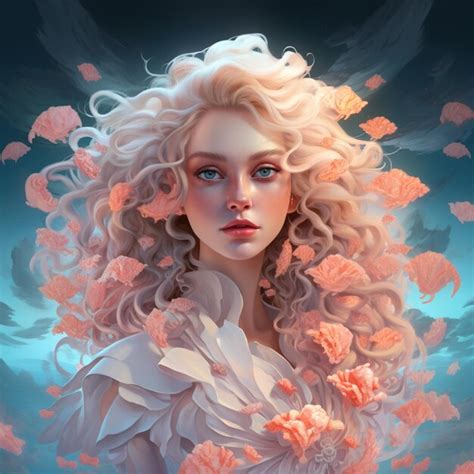 Premium Ai Image Blond Woman With Long Curly Hair And Blue Eyes