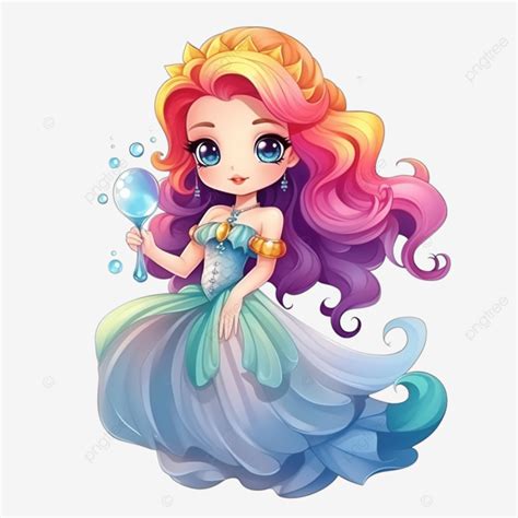 Cartoon Character With Cute Mermaid Princess With Colorful Hair And