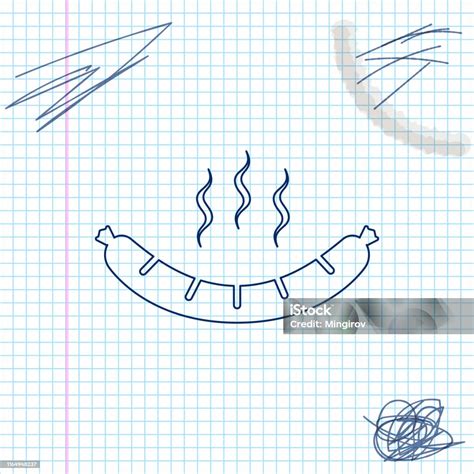 흰색 배경에 격리 된 증기 선 스케치 아이콘소시지 구운 소시지와 아로마 사인 벡터 일러스트레이션 고기에 대한 스톡 벡터 아트 및