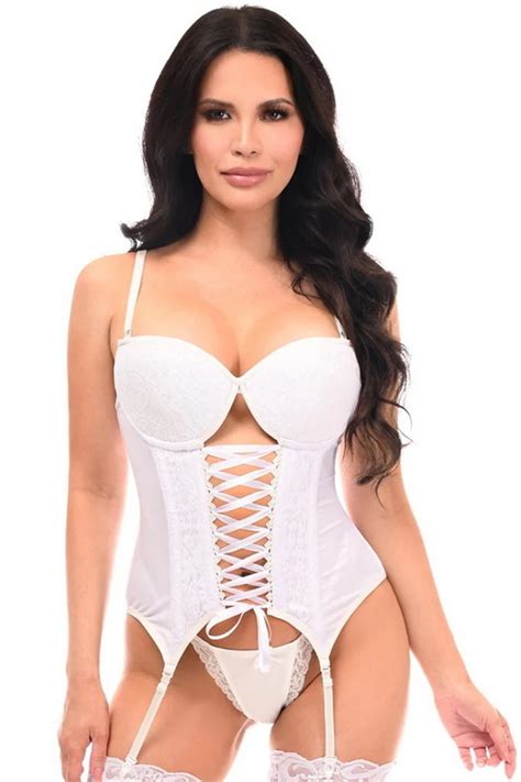 Lavish White Lycra Lace Up Gartered Bustier Corset Spicy Lingerie