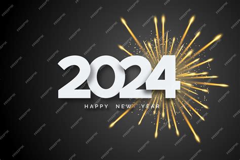 С Новым годом 2024 Белые цифры и фейерверк на черном фоне Счастливого