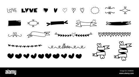 Set Of Love Labels And Doodles Designs Scroller And Ribbon Design