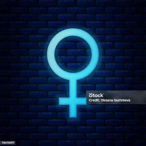 빛나는 네온 여성 성별 기호 아이콘 벽돌 벽 배경에 격리 금성 기호입니다 여성 유기체 또는 여성의 상징 벡터 일러스트레이션 0명에 대한 스톡 벡터 아트 및 기타 이미지