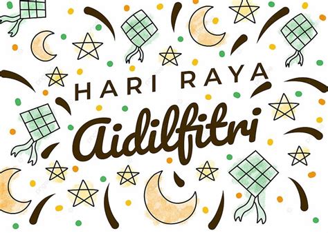 Hari Raya Aidilfitri Or Idul Fitri With Cute Cartoon Doodle Style Ketupat Moon And Stars