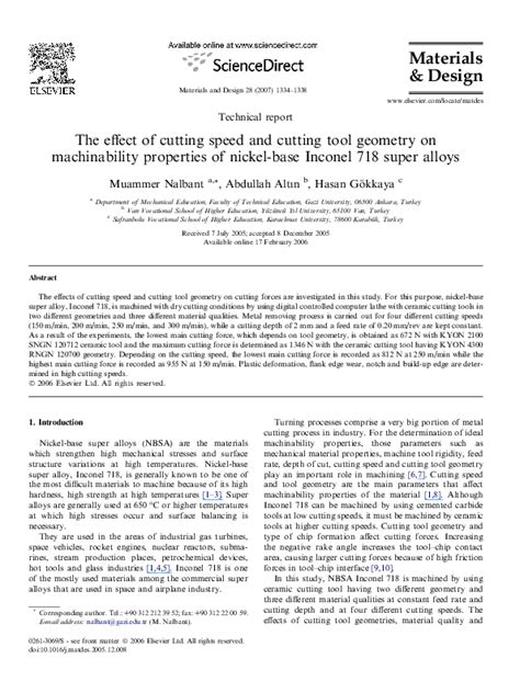 Pdf The Effect Of Cutting Speed And Cutting Tool Geometry On Machinability Properties Of