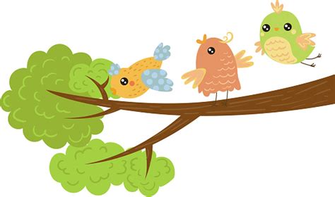 나뭇가지에 있는 세 마리의 작은 새 들 봄 시즌 사랑 스러운 생물 어린이 책에 대 한 평면 벡터 디자인 Brand Name