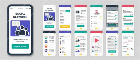 Ui Ux Gui 화면 모바일 앱 반응형 웹 사이트용 소셜 네트워크 앱 플랫 디자인 템플릿 세트 프리미엄 벡터