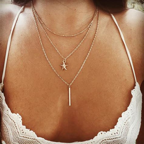 Aashi Star And Bar Pendant Charm Gold Layered Choker Necklace Mybodiart