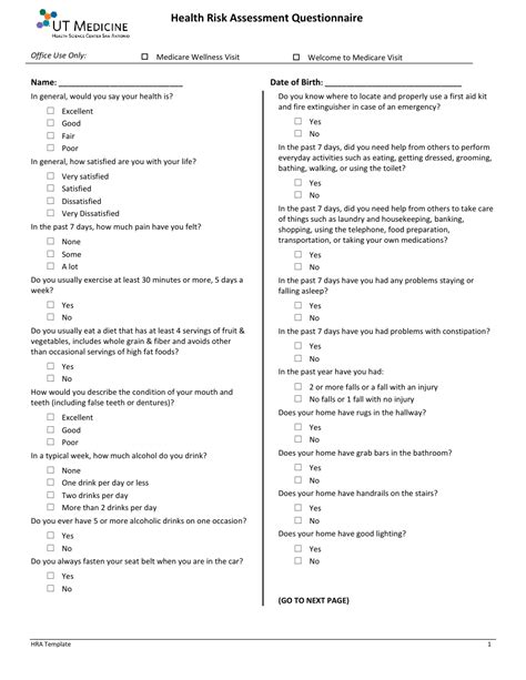 Health Risk Assessment Questionnaire Ut Medicine Download Printable