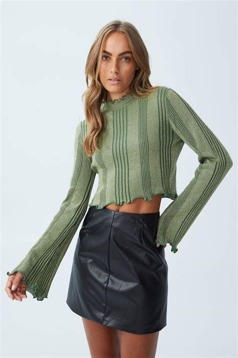 Sparkle Fluted Sleeve Mock Neck Luxe Green Cotton On Knitwear Superbalist