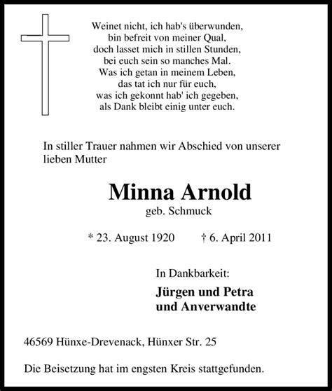 Traueranzeigen Von Minna Arnold Trauer In NRW De
