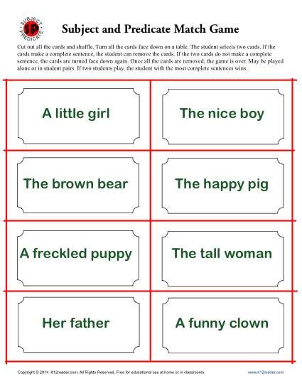 Subject And Predicate Match Game Printable Worksheet