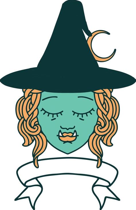 Retro Tattoo Style Half Orc Witch Character Face With Banner 12100052