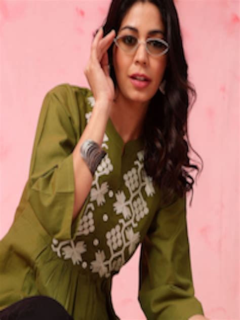 Buy Anouk Green Floral Embroidered Thread Work Mandarin Collar Pure