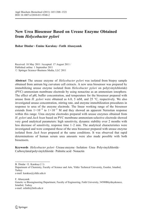 Pdf New Urea Biosensor Based On Urease Enzyme Obtained From Helycobacter Pylori