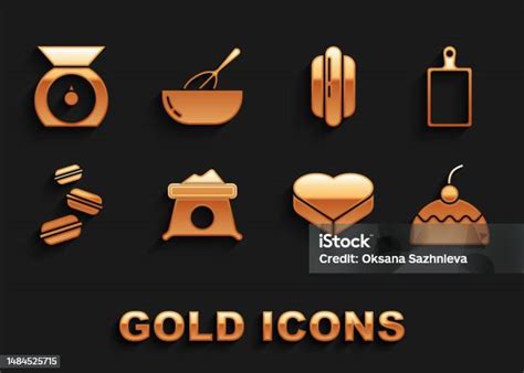 밀가루 도마 케이크 사탕 하트 모양의 상자 마카롱 쿠키 핫도그 샌드위치 저울 및 주방 털 그릇 아이콘을 설정합니다 벡터 가방에 대한 스톡 벡터 아트 및 기타 이미지 Istock