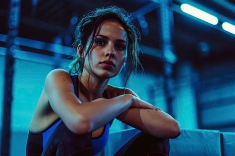 Premium Photo Muscular Young Woman In Sportswear Sitting On A Box