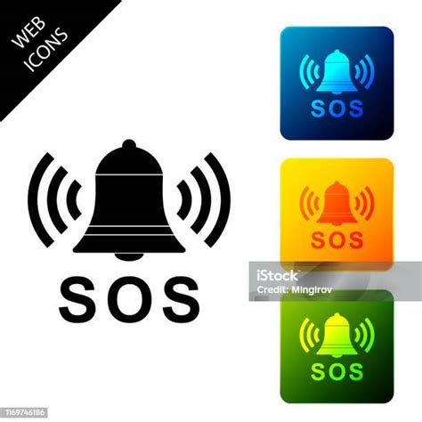 報警鈴和sos字母圖示隔離警告鈴説明標誌緊急 Sos 按鈕設置圖示彩色方形按鈕向量插圖向量圖形及更多警覺圖片 警覺 電話 Sos