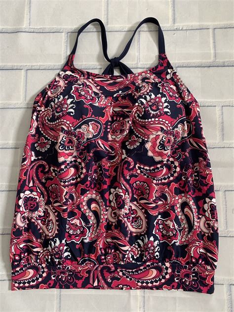 Lands End Tankini Swim Top 10dd Paisley Blouson Band Gem