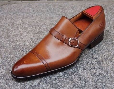 New Handmade Leather Tan Patina Monk Strap Shoes Leather Dress Shoes