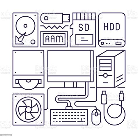 컴퓨터 기술 개체 및 요소 선 아이콘 그림 모음입니다 아이콘 세트 또는 배너 템플릿 Cpu에 대한 스톡 벡터 아트 및 기타 이미지 Cpu Usb 케이블 날씬한