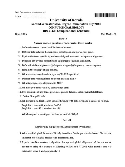 Second Semester Examinations Question Paper Computational Genomics Pdf Sequence Alignment