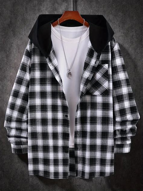 패턴 남성 스트릿 스타일 롱 슬리브 컬러 블록 루즈 후드 셔츠 가슴 포켓이 있는 봄 가을 아웃도어용 Temu